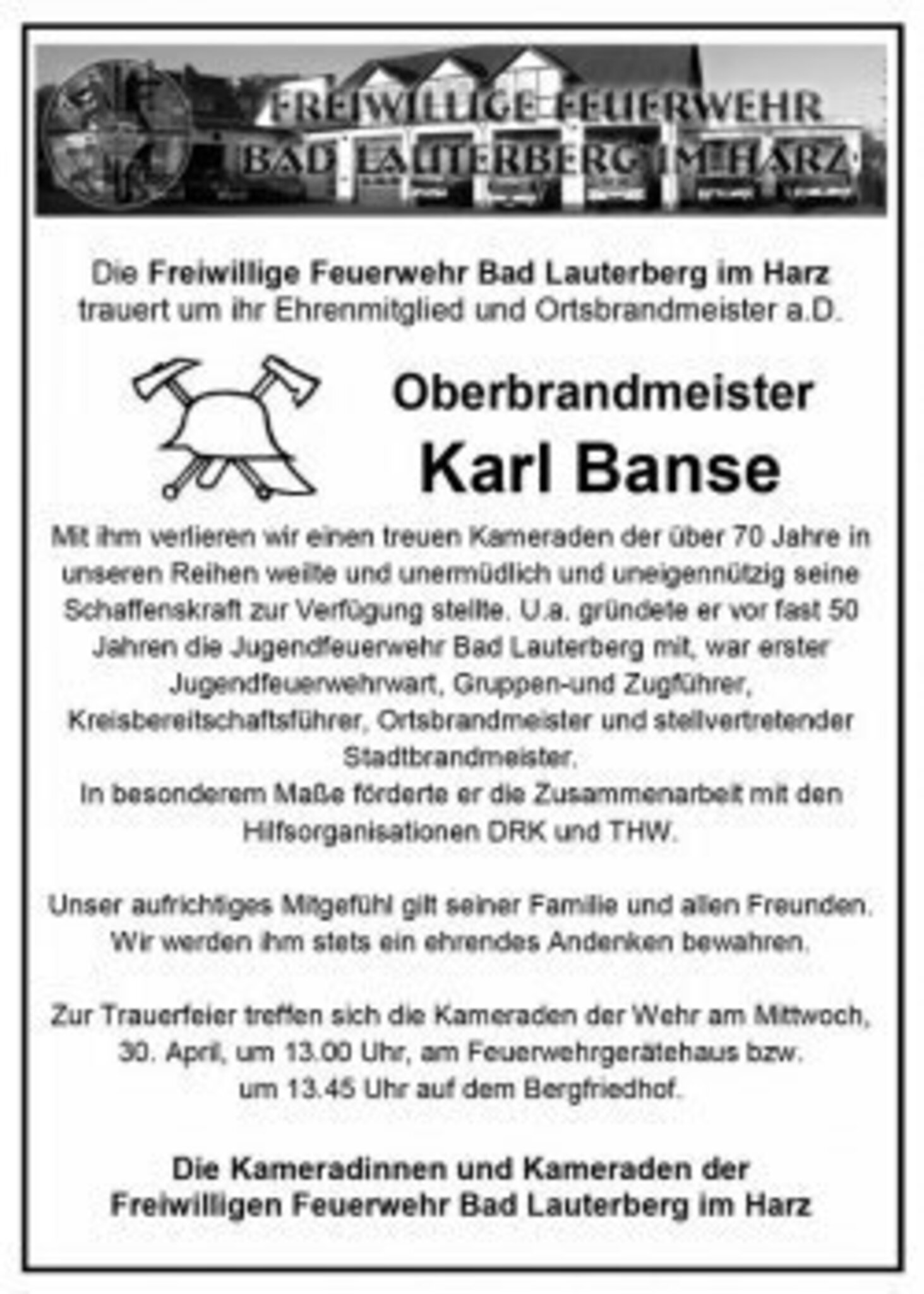 Nachruf Karl Banse - Bad Lauterberg im Harz