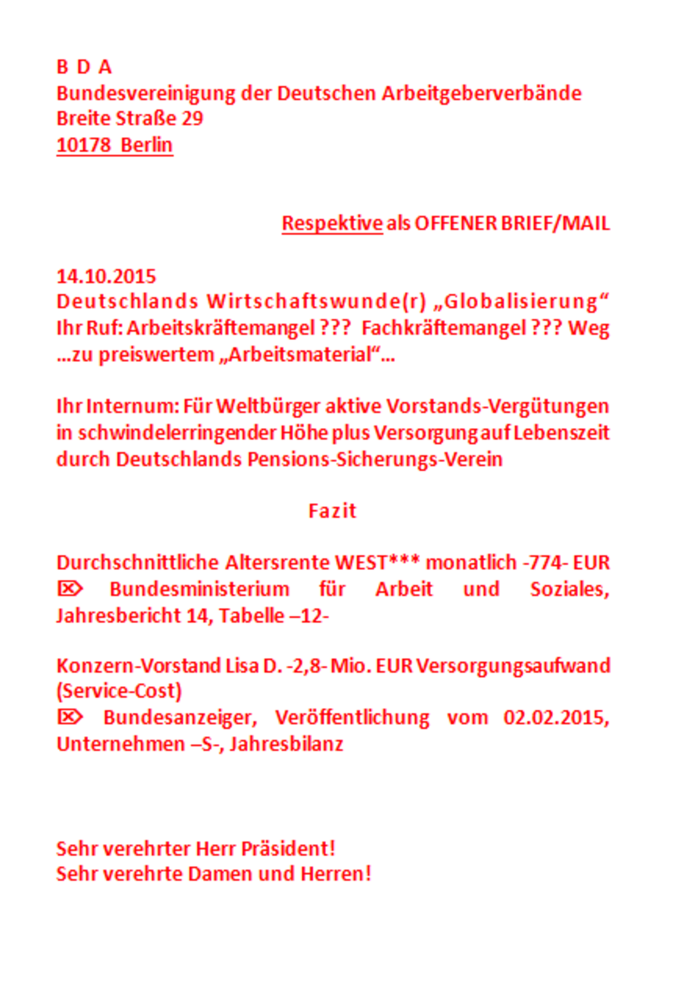 1*-Brandbrief an BDA ...Arbeitgeberverband - Berlin