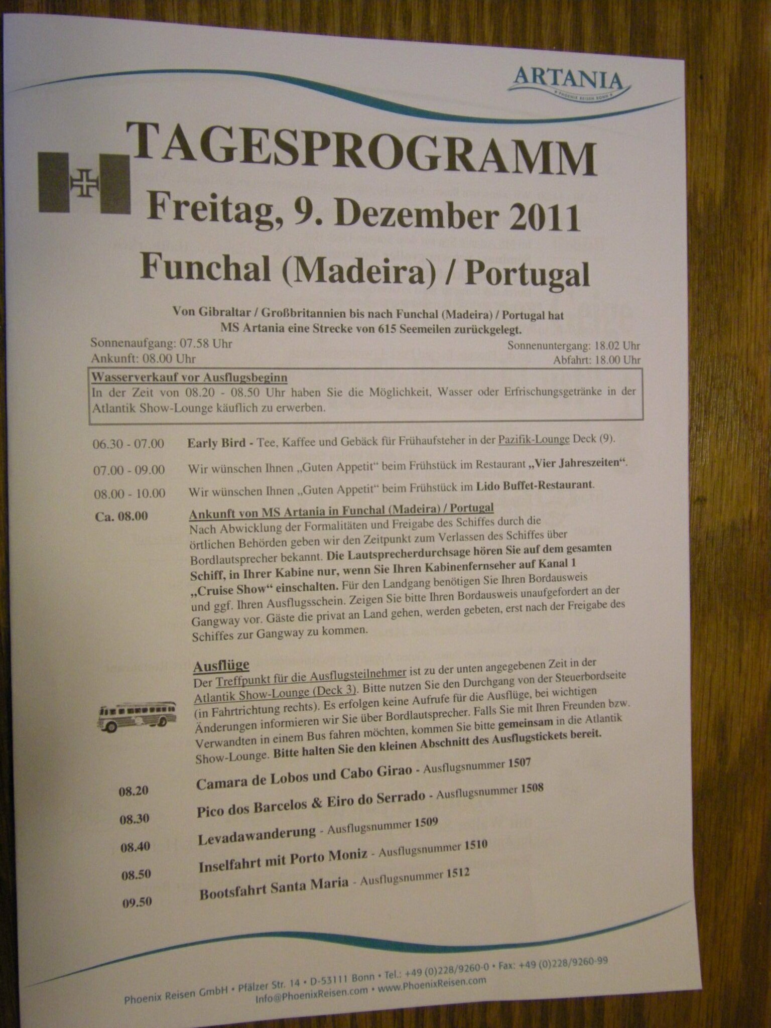 Das Tagesprogramm vom Freitag, den 9. Dezember von MS Artania. (Beispiel)