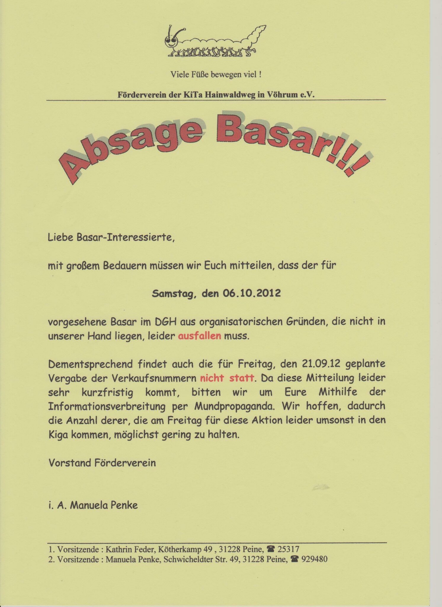 Absage Basar KiTa Hainwaldweg 06.10.2012